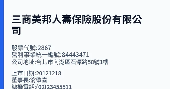 三商美邦人壽保險股份有限公司 股票代號 2867 統編 84443471 上市公司基本資料圖
