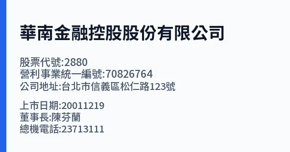 華南金融控股股份有限公司 股票代號 2880 統編 70826764 上市公司基本資料圖