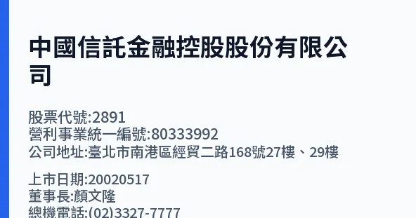中國信託金融控股股份有限公司 股票代號 2891 統編 80333992 上市公司基本資料圖