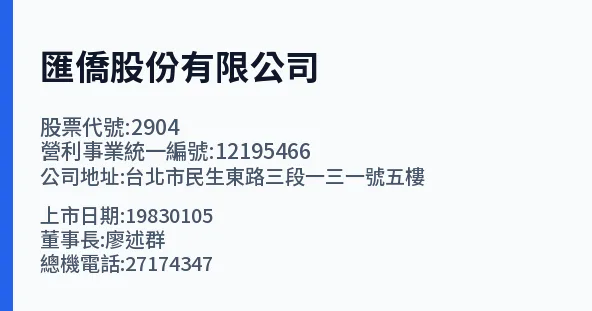 匯僑股份有限公司 股票代號 2904 統編 12195466 上市公司基本資料圖