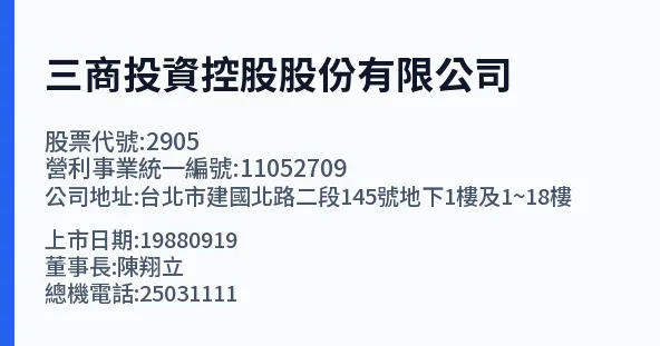三商投資控股股份有限公司 股票代號 2905 統編 11052709 上市公司基本資料圖