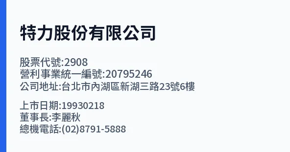 特力股份有限公司 股票代號 2908 統編 20795246 上市公司基本資料圖