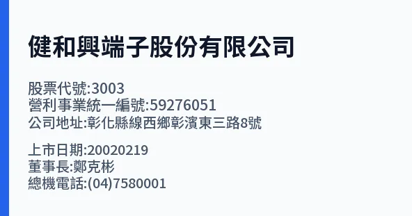 健和興端子股份有限公司 股票代號 3003 統編 59276051 上市公司基本資料圖