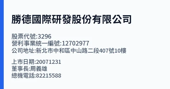 勝德國際研發股份有限公司 股票代號 3296 統編 12702977 上市公司基本資料圖