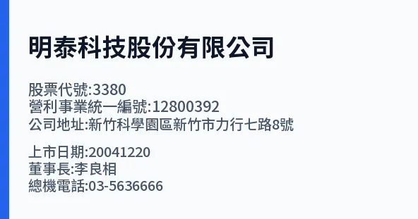 明泰科技股份有限公司 股票代號 3380 統編 12800392 上市公司基本資料圖