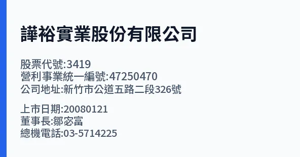 譁裕實業股份有限公司 股票代號 3419 統編 47250470 上市公司基本資料圖
