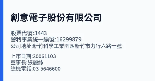 創意電子股份有限公司 股票代號 3443 統編 16299879 上市公司基本資料圖