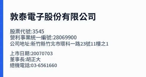 敦泰電子股份有限公司 股票代號 3545 統編 28069900 上市公司基本資料圖