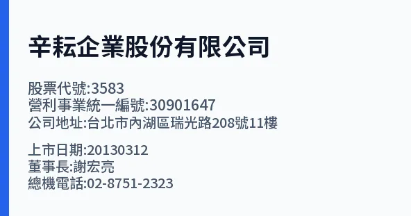 辛耘企業股份有限公司 股票代號 3583 統編 30901647 上市公司基本資料圖