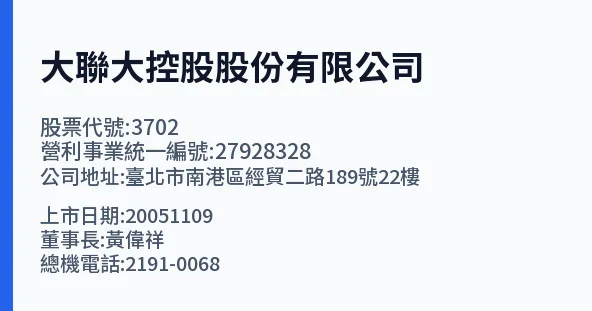 大聯大控股股份有限公司 股票代號 3702 統編 27928328 上市公司基本資料圖