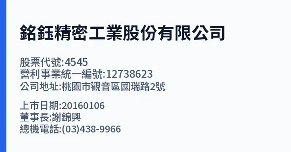 銘鈺精密工業股份有限公司 股票代號 4545 統編 12738623 上市公司基本資料圖