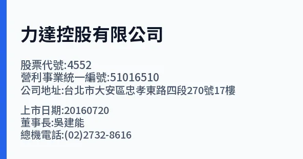 力達控股有限公司 股票代號 4552 統編 51016510 上市公司基本資料圖