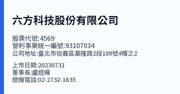 六方科技股份有限公司 股票代號 4569 統編 93107034 上市公司基本資料圖