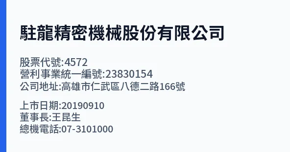 駐龍精密機械股份有限公司 股票代號 4572 統編 23830154 上市公司基本資料圖