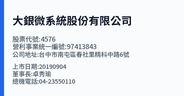 大銀微系統股份有限公司 股票代號 4576 統編 97413843 上市公司基本資料圖