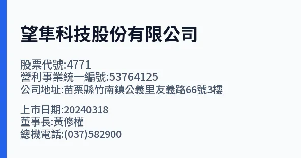 望隼科技股份有限公司 股票代號 4771 統編 53764125 上市公司基本資料圖