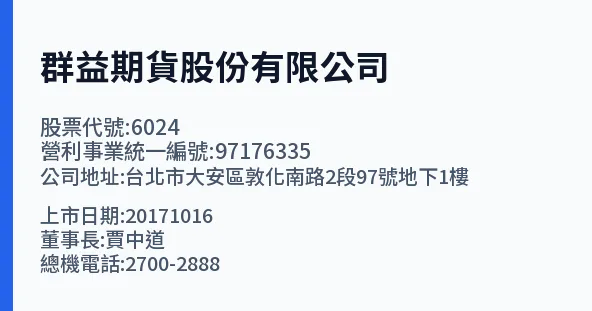 群益期貨股份有限公司 股票代號 6024 統編 97176335 上市公司基本資料圖