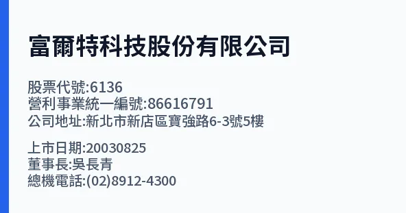 富爾特科技股份有限公司 股票代號 6136 統編 86616791 上市公司基本資料圖