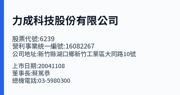 力成科技股份有限公司 股票代號 6239 統編 16082267 上市公司基本資料圖