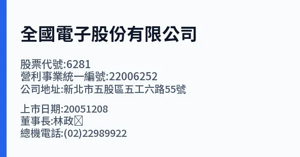 全國電子股份有限公司 股票代號 6281 統編 22006252 上市公司基本資料圖