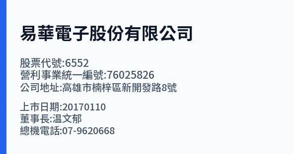 易華電子股份有限公司 股票代號 6552 統編 76025826 上市公司基本資料圖
