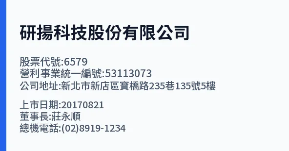 研揚科技股份有限公司 股票代號 6579 統編 53113073 上市公司基本資料圖