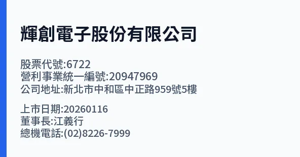 輝創電子股份有限公司 股票代號 6722 統編 20947969 上市公司基本資料圖