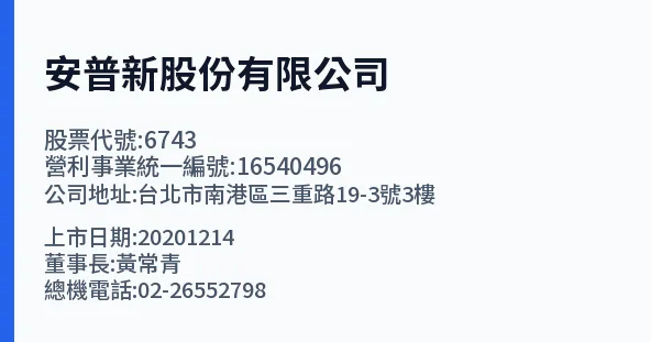 安普新股份有限公司 股票代號 6743 統編 16540496 上市公司基本資料圖