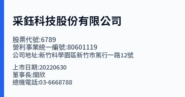 采鈺科技股份有限公司 股票代號 6789 統編 80601119 上市公司基本資料圖