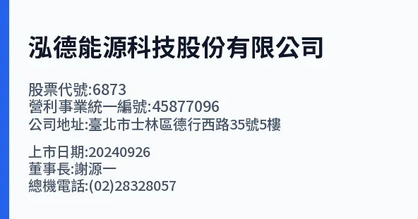泓德能源科技股份有限公司 股票代號 6873 統編 45877096 上市公司基本資料圖