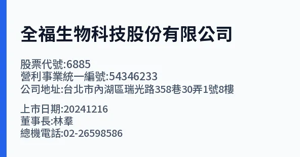 全福生物科技股份有限公司 股票代號 6885 統編 54346233 上市公司基本資料圖
