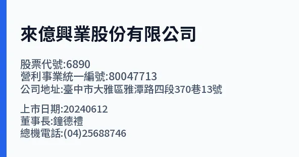來億興業股份有限公司 股票代號 6890 統編 80047713 上市公司基本資料圖