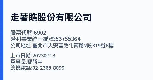 走著瞧股份有限公司 股票代號 6902 統編 53755364 上市公司基本資料圖