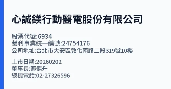 心誠鎂行動醫電股份有限公司 股票代號 6934 統編 24754176 上市公司基本資料圖