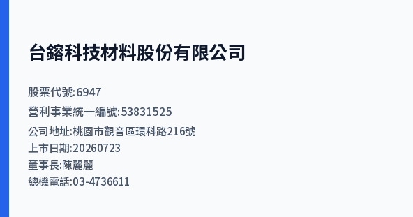 台鎔科技材料股份有限公司 股票代號 6947 統編 53831525 上市公司基本資料圖