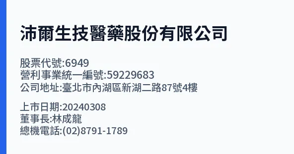 沛爾生技醫藥股份有限公司 股票代號 6949 統編 59229683 上市公司基本資料圖