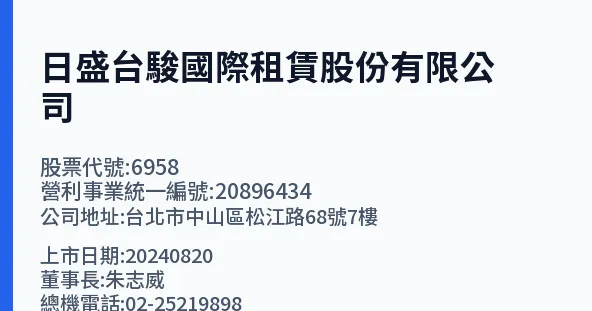 日盛台駿國際租賃股份有限公司 股票代號 6958 統編 20896434 上市公司基本資料圖