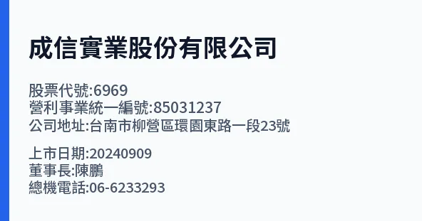成信實業股份有限公司 股票代號 6969 統編 85031237 上市公司基本資料圖