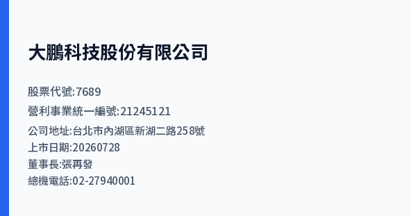 大鵬科技股份有限公司 股票代號 7689 統編 21245121 上市公司基本資料圖