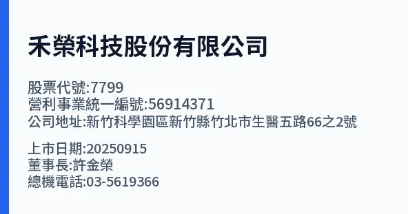 禾榮科技股份有限公司 股票代號 7799 統編 56914371 上市公司基本資料圖