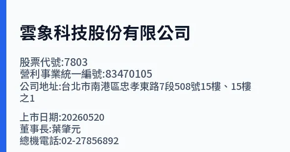 雲象科技股份有限公司 股票代號 7803 統編 83470105 上市公司基本資料圖