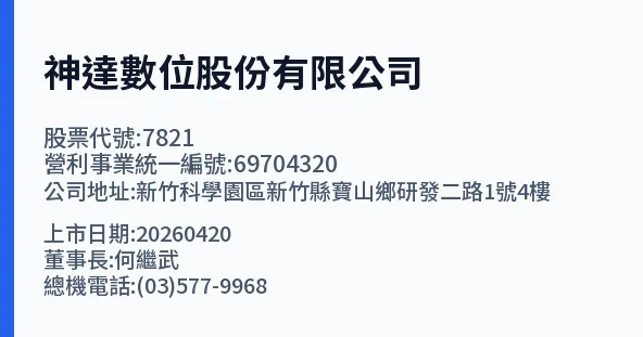 神達數位股份有限公司 股票代號 7821 統編 69704320 上市公司基本資料圖