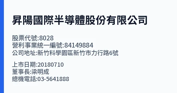 昇陽國際半導體股份有限公司 股票代號 8028 統編 84149884 上市公司基本資料圖