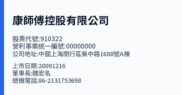 康師傅控股有限公司 股票代號 910322 統編 00000000 上市公司基本資料圖