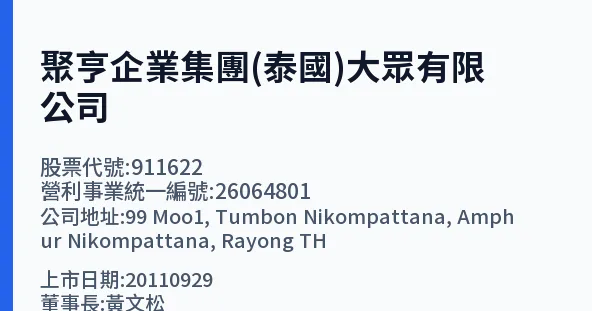 聚亨企業集團(泰國)大眾有限公司 股票代號 911622 統編 26064801 上市公司基本資料圖