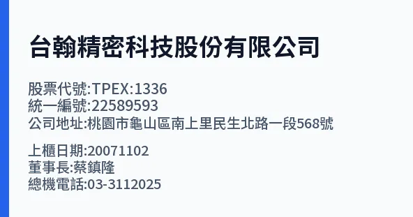 台翰精密科技股份有限公司 股票代號 TPEX:1336 統編 22589593 上櫃公司基本資料圖