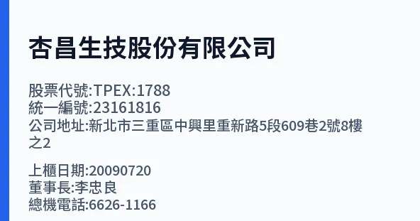 杏昌生技股份有限公司 股票代號 TPEX:1788 統編 23161816 上櫃公司基本資料圖