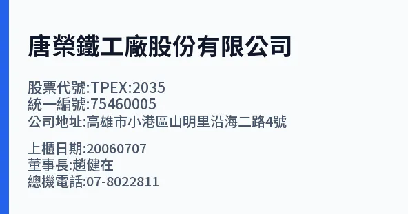 唐榮鐵工廠股份有限公司 股票代號 TPEX:2035 統編 75460005 上櫃公司基本資料圖
