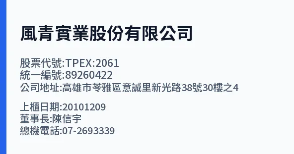 風青實業股份有限公司 股票代號 TPEX:2061 統編 89260422 上櫃公司基本資料圖