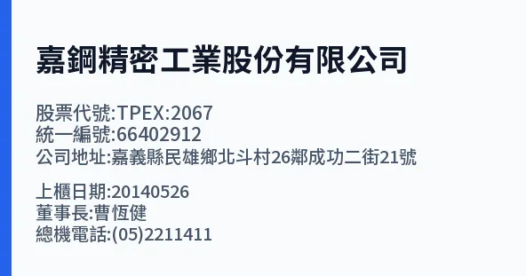 嘉鋼精密工業股份有限公司 股票代號 TPEX:2067 統編 66402912 上櫃公司基本資料圖